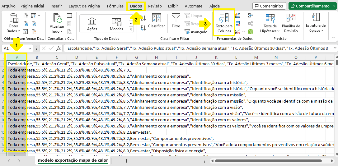 Ao exportar os dados do Mapa de Calor, a planilha vem desconfigurada. O ...
